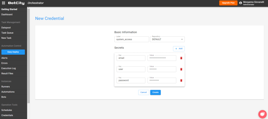 Manage credentials for RPA securely